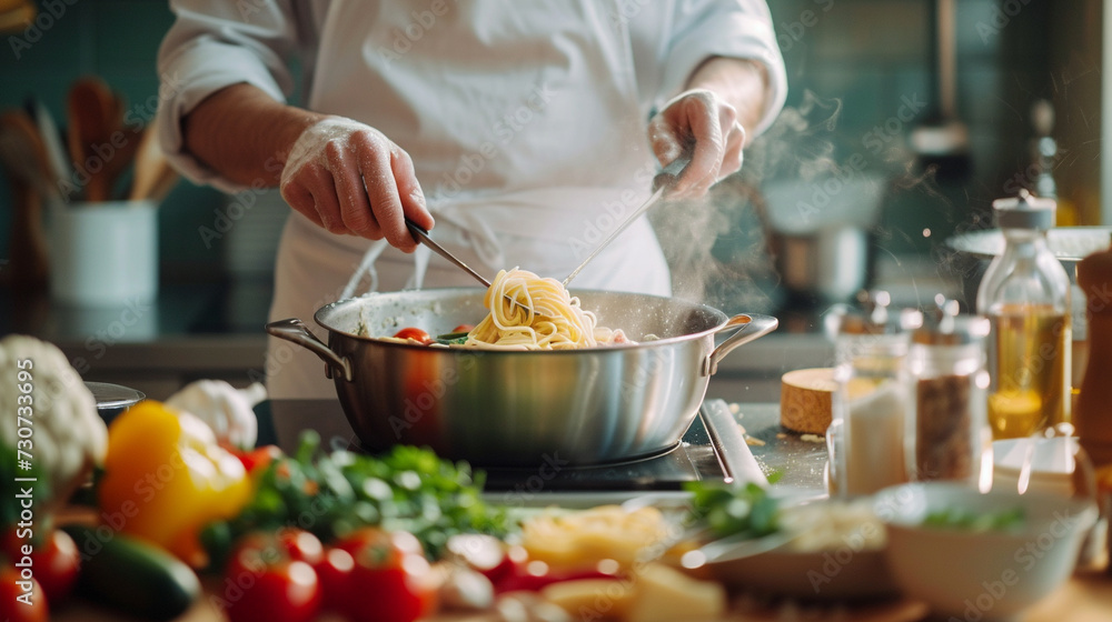 Envision a bustling kitchen scene where a chef, adorned in a clean ...