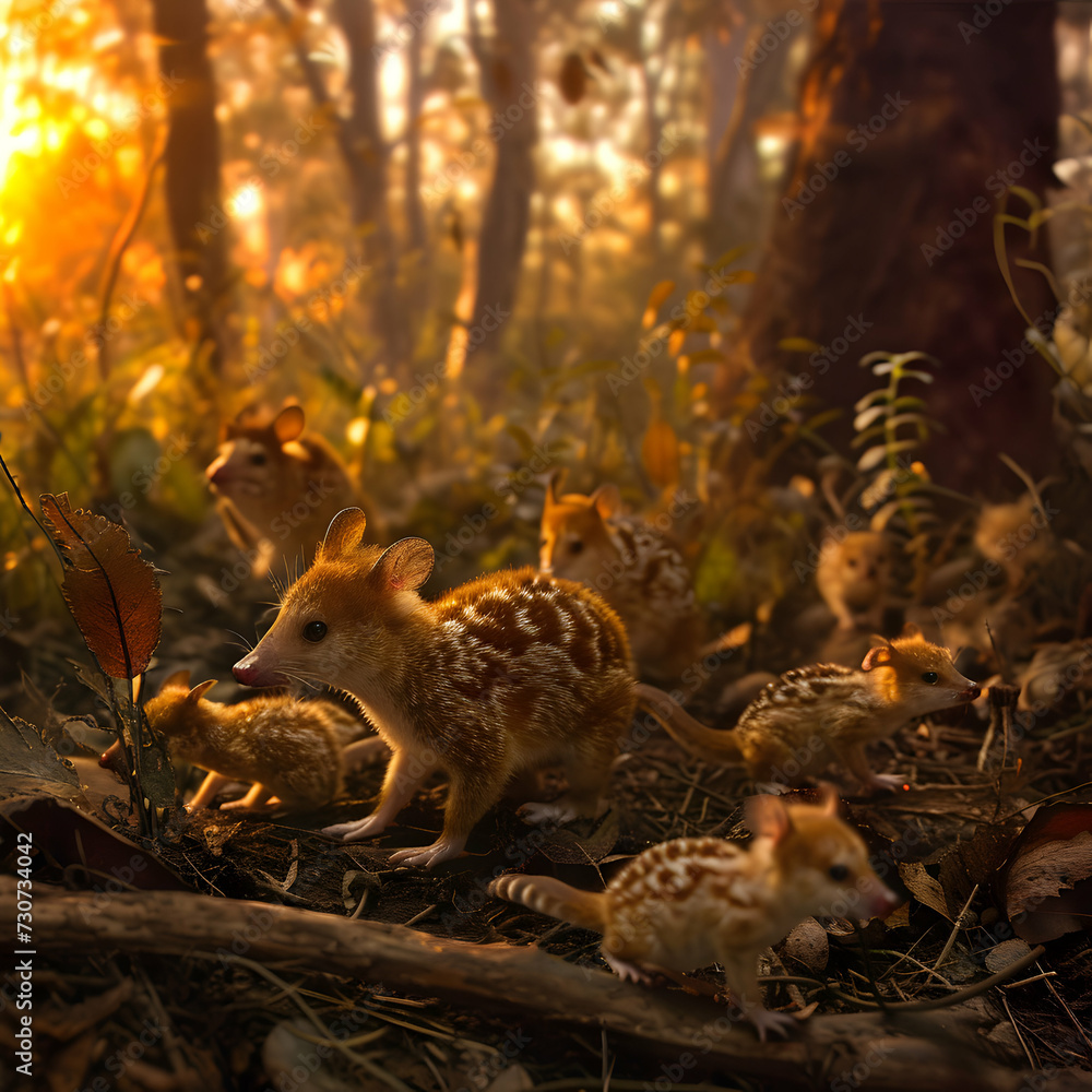 Quoll family in the forest with setting sun shining. Group of wild ...