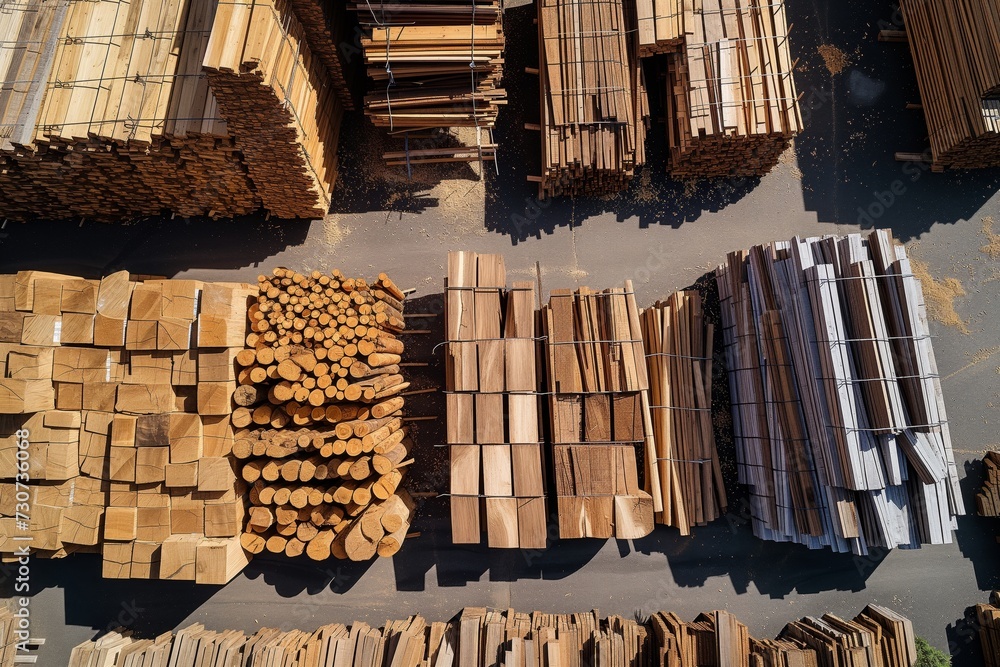 topdown view of organized wood stacks at an outdoor lumberyard Stock ...