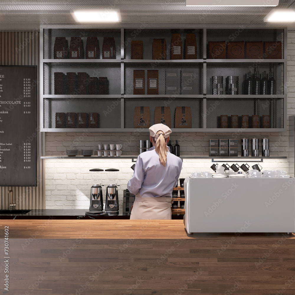 Female barista working at modern white brick wall cafe behind wooden ...