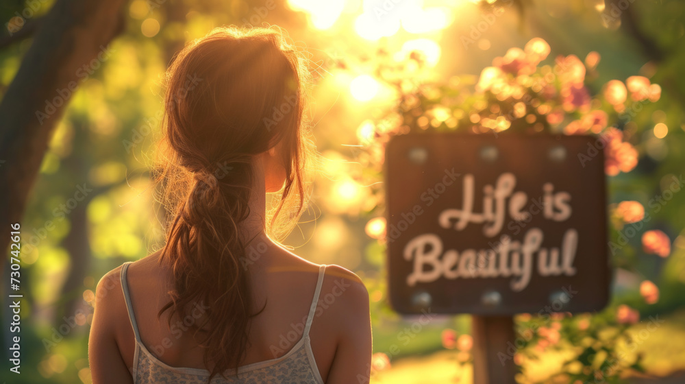 Life is Beautiful concept image with back of a peaceful woman in middle ...