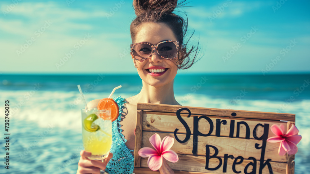 Spring break concept image with a young woman at the beach for spring ...