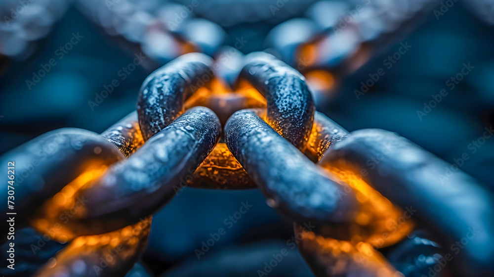 Macro shot of interlinked metal chains with a glowing, fiery core ...