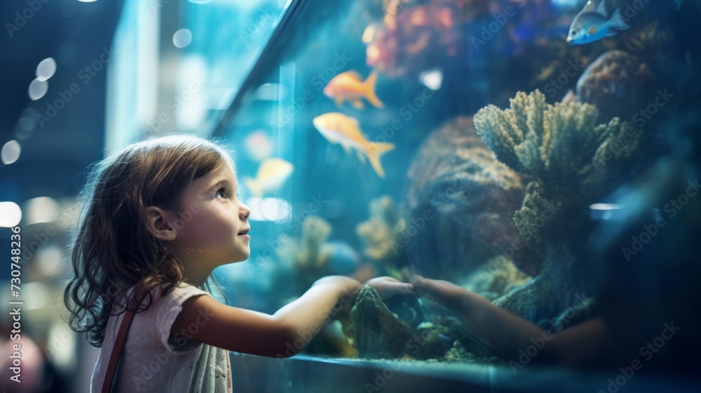 A surprised little girl is watching various tropical fish, marine life ...