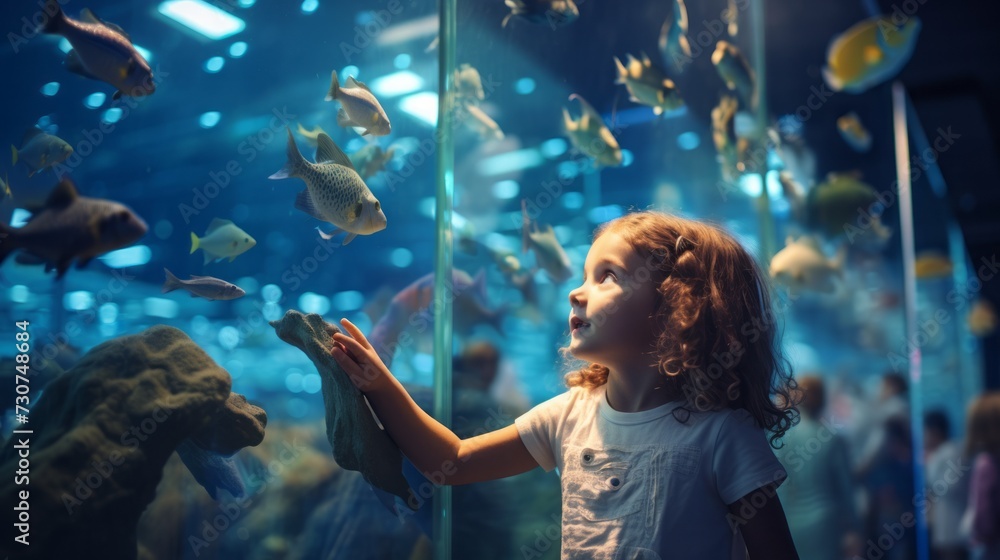 A surprised little girl with an outstretched hand is watching tropical ...