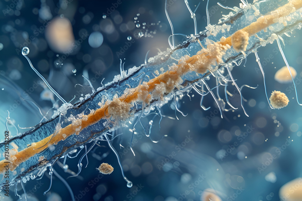 illustration of Microscopic view of dandruff on a hair strand, Detailed ...