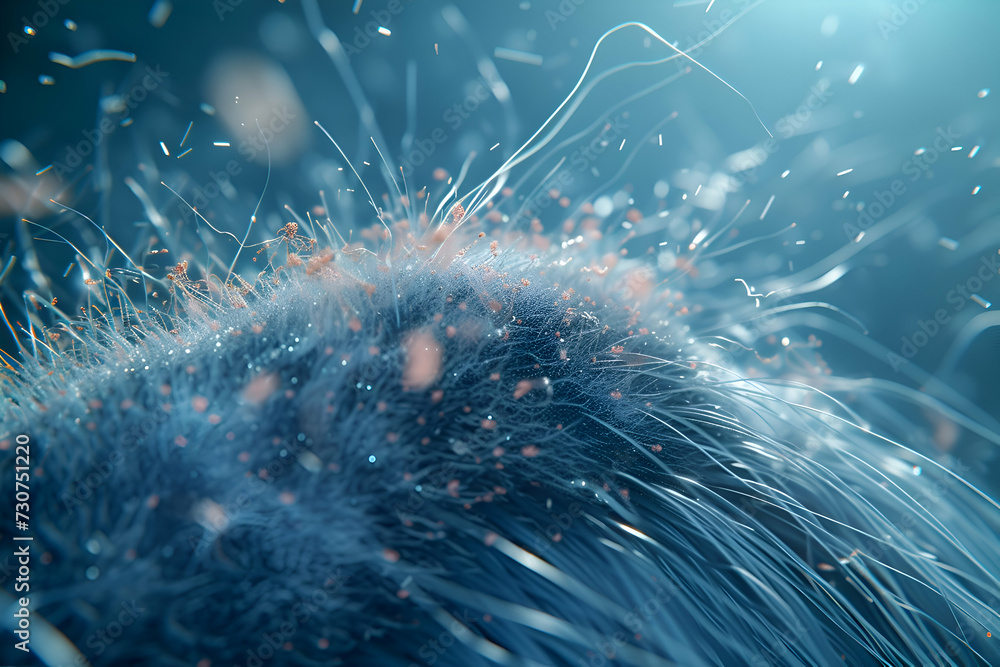 illustration of Microscopic view of dandruff on a hair strand, Detailed ...