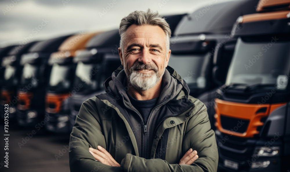Confident Senior Truck Fleet Owner Standing Proudly in Front of His ...
