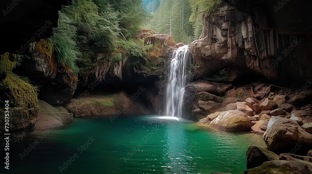 Waterfall nestled in a cove of ragged rocks flowing into an emerald ...