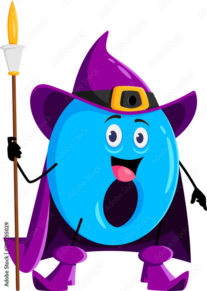 Cartoon math number zero Halloween wizard, witch and mage character ...
