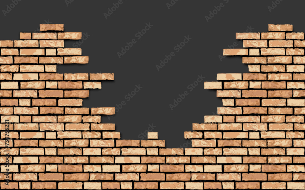 Vector realistic broken brown brick wall on black background. Hole in ...