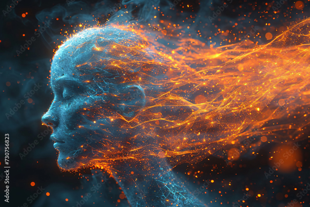 Abstract digital concept art of a fragmented human head profile ...