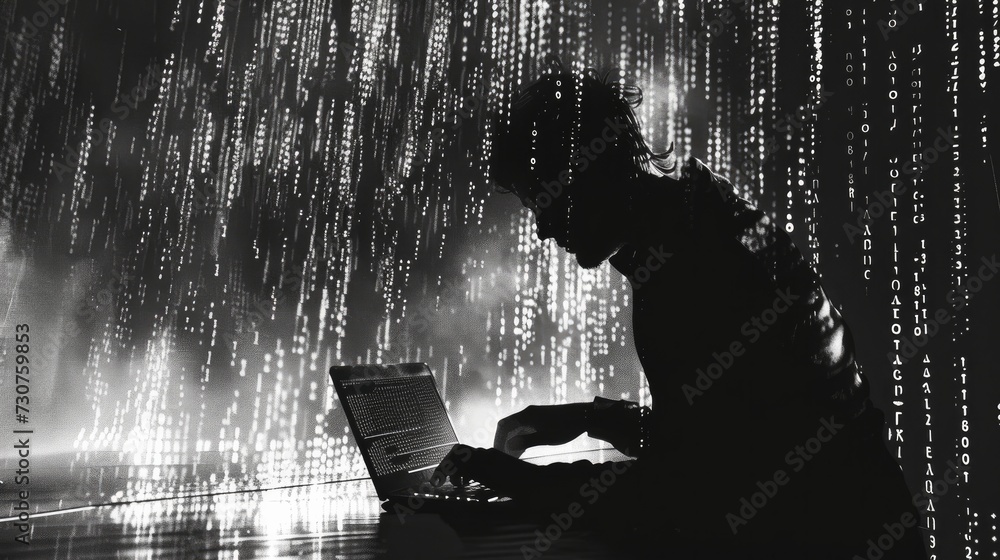 Silhouette of a hacker typing on laptop, whole image is painted with ...