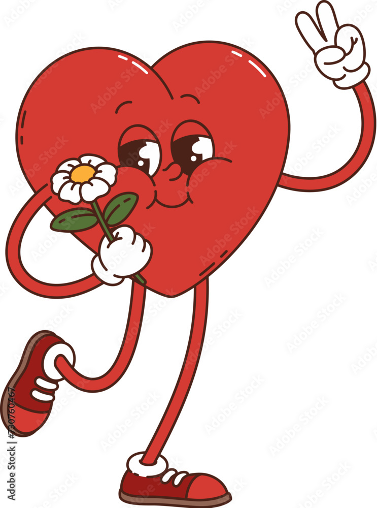 Cartoon funny groovy heart character in hippie funky art, vector comic ...