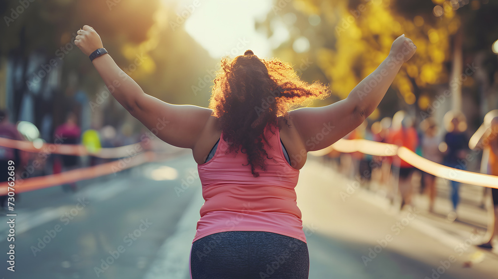 A plus-sized runner crossing the finish line with arms raised in ...