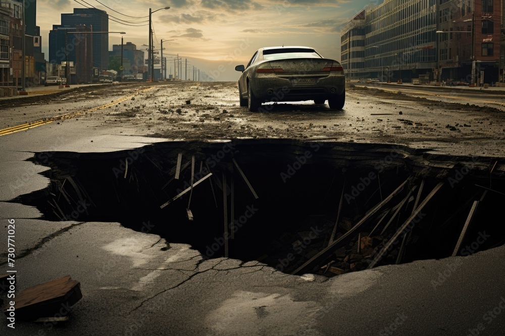 An asphalt road displays a long crack, revealing ground damage caused ...