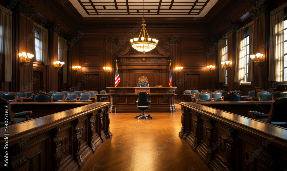 Elegant and traditional wooden courtroom interior with judge's bench ...
