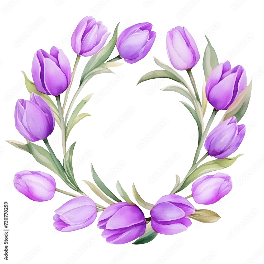 Watercolor circle purple Tulips wreath frame png clipart illustration ...