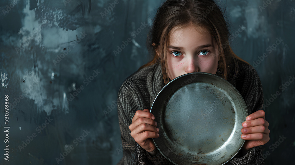 Poor, hungry neglected, dirty girl holding empty metal plate. Poverty ...