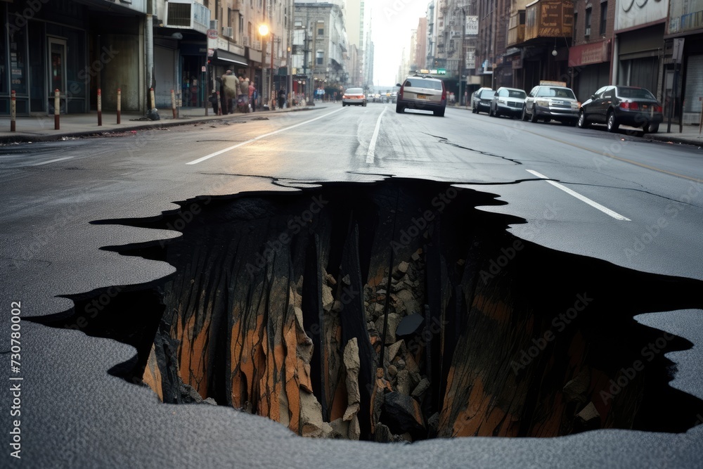 Ground damage is evident on the broken asphalt road, highlighting the ...