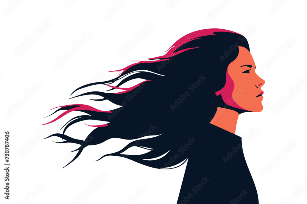 Brave woman with flying long hair looking forward. Strong Female person ...