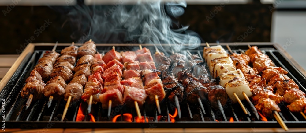 Skewers of arrosticini, a traditional Italian dish, are grilling on the ...
