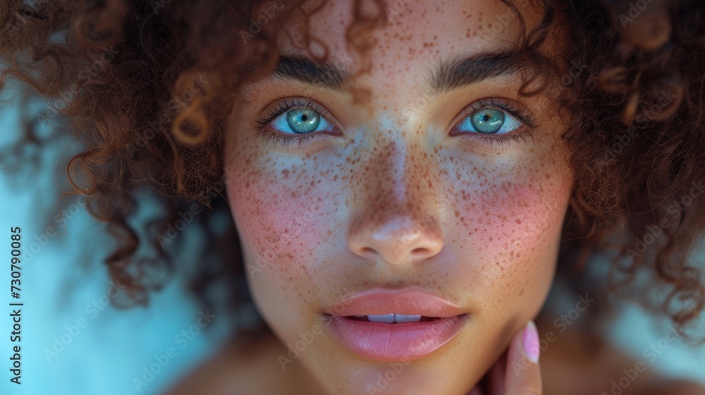 Portrait and natural face of a black woman with freckled skin texture ...