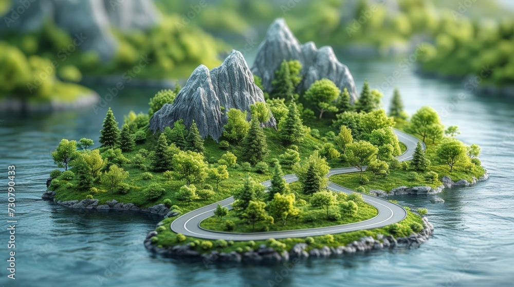 This is a 3D illustration of curved road with floating forest land ...