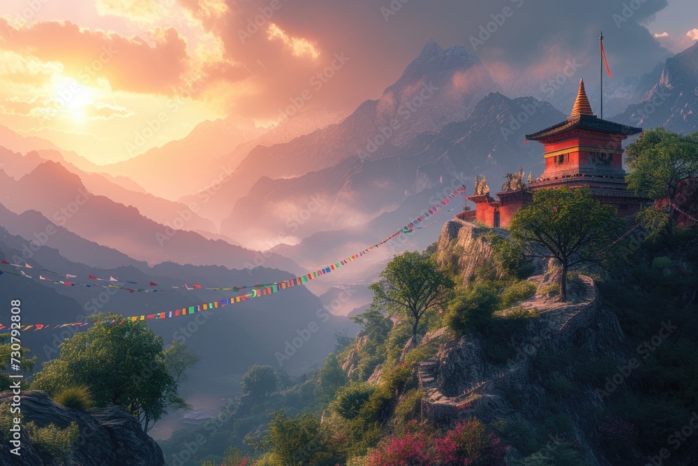 Sunrise illuminates a Himalayan temple and vibrant prayer flags, with ...