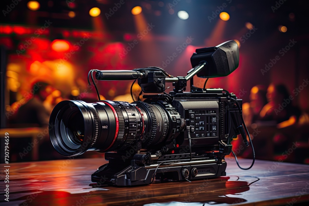 Modern video camera with a digital display recording an interview in a ...