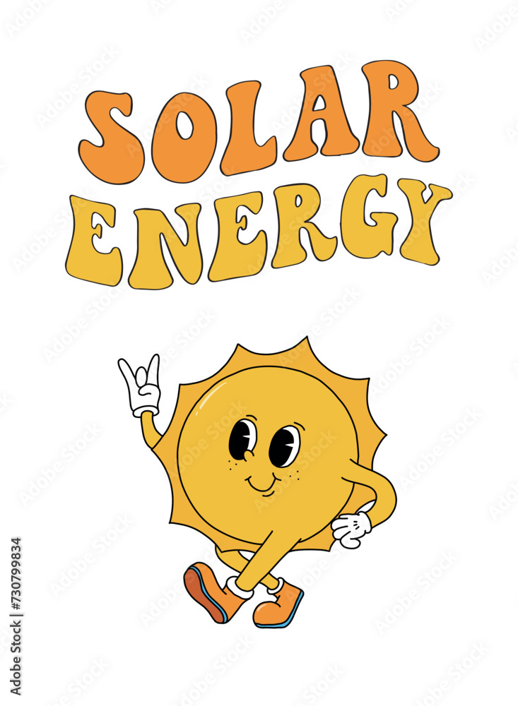 cute retro cartoon drawing of Sun with lettering quote Solar energy for ...