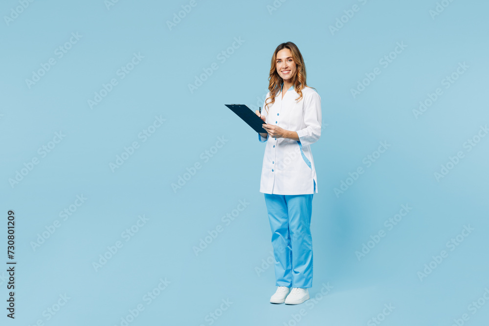Full body side view fun female doctor woman wear white gown suit work ...