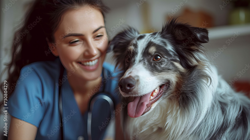 Beautiful female vet nurse doctor examining a cute happy border collie ...