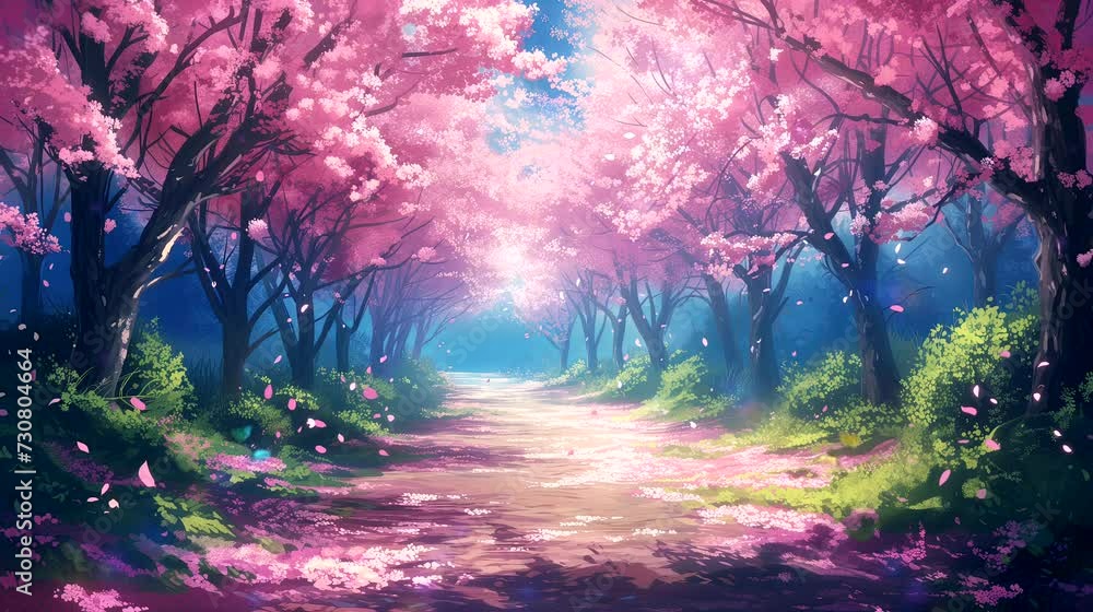 An enchanting cherry blossom grove during the peak of spring. Fantasy ...