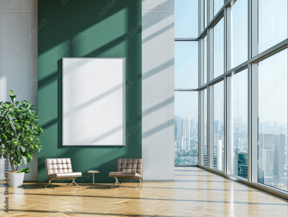 A modern office interior with large windows overlooking a city, a blank ...