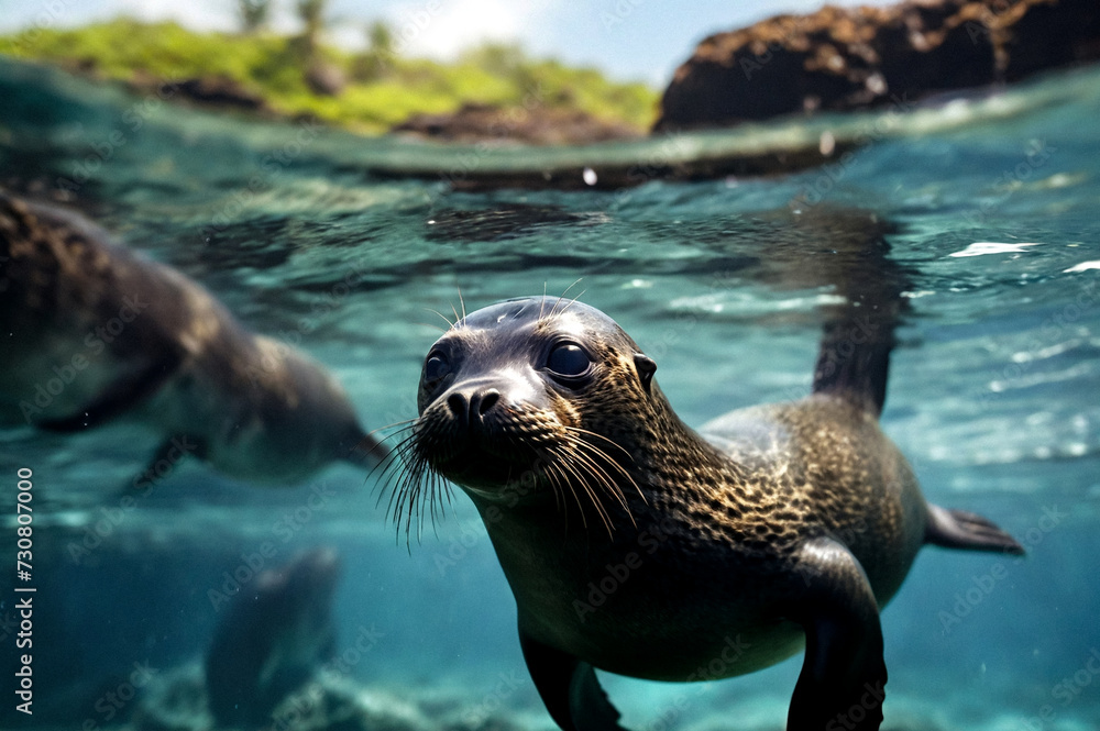 Galapagos fur seal (Arctocephalus galapagoensis) swimming in tropical ...