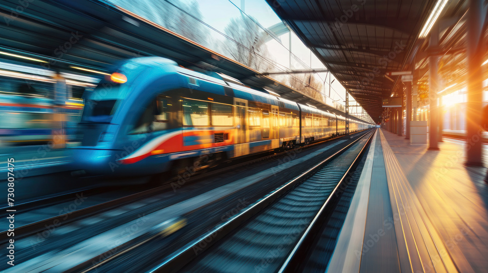 High speed train motion railway station sunset. Fast moving modern ...
