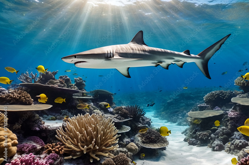 Whitetip reef ocean shark (Carcharhinus melanopterus) mammal swimming ...