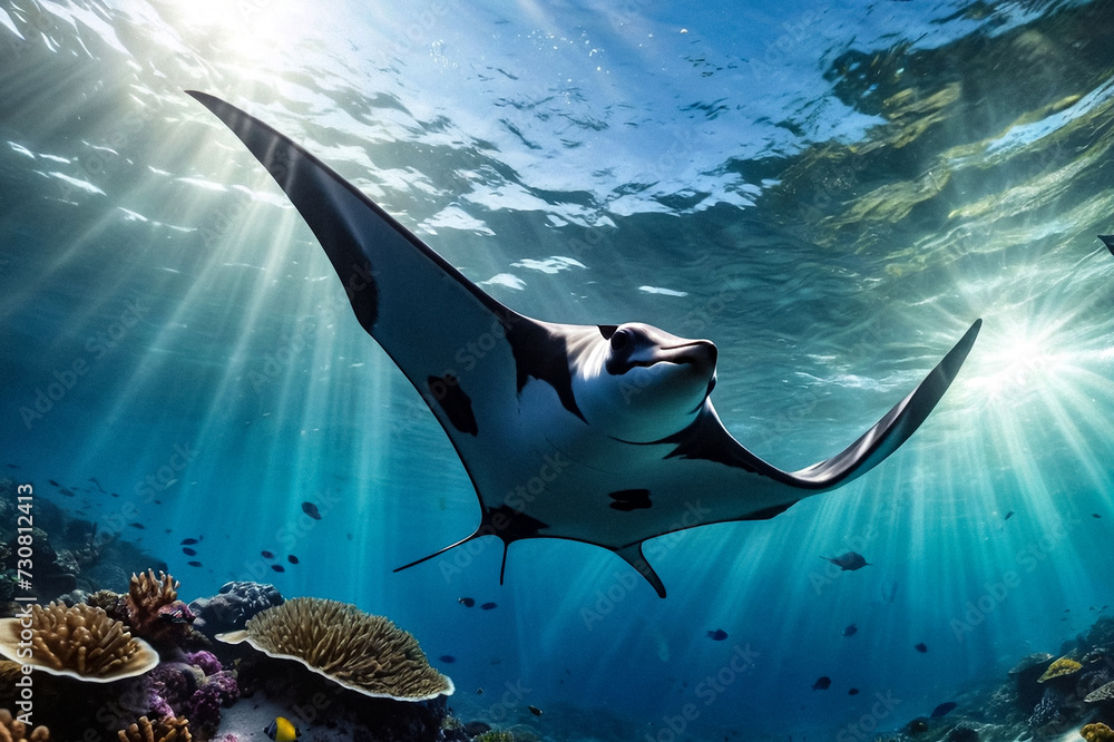 Manta Mobula (Mobulidae) cartilaginous fish swimming in tropical ...