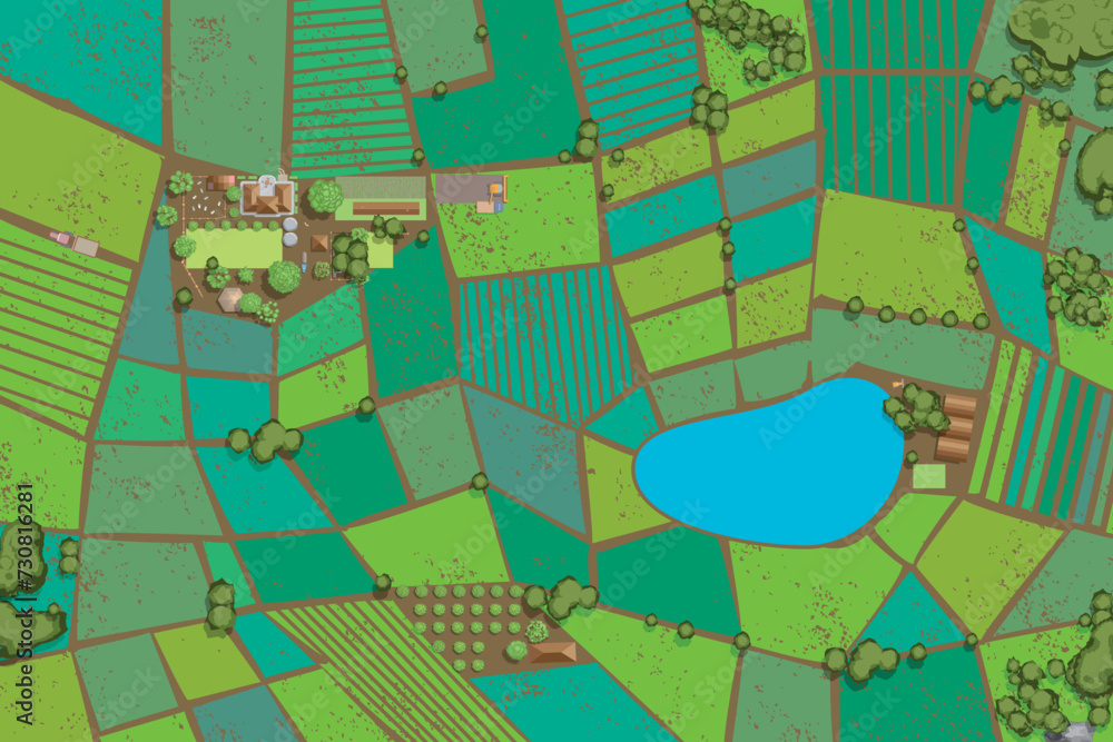 Vector illustration of a top view of agricultural fields. View from ...