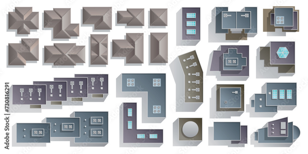 Vector illustration of an overhead view of different types of roofs of ...
