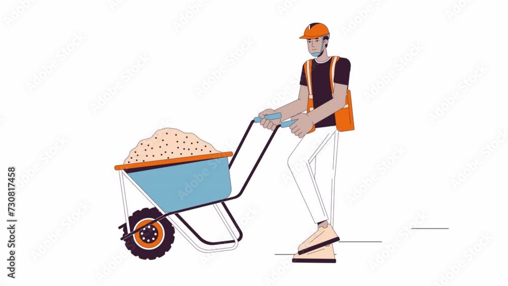 Construction worker transporting concrete on wheelbarrow line cartoon ...