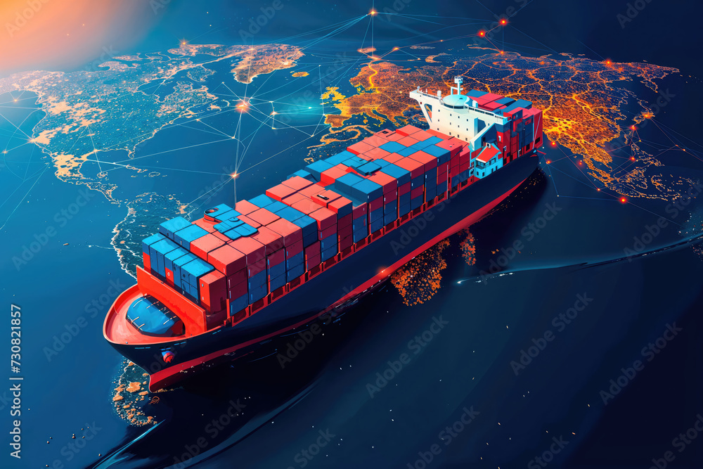 A digital art concept of a cargo ship laden with containers traveling ...