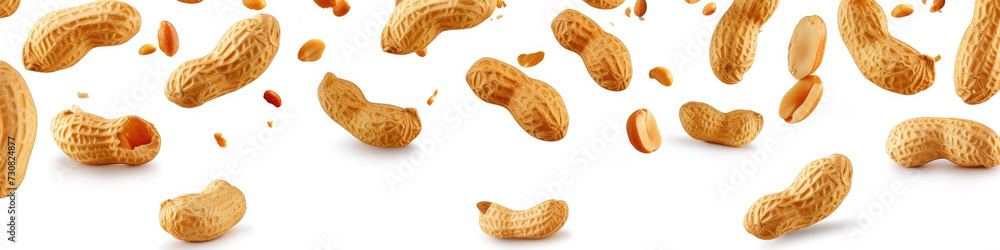 Peanuts in their shells appear to be captured in mid-air, creating a ...