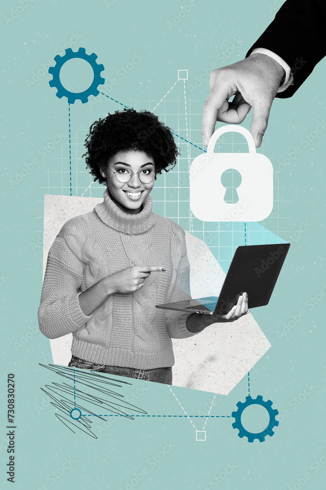 Vertical collage picture young standing woman pointing laptop antivirus ...