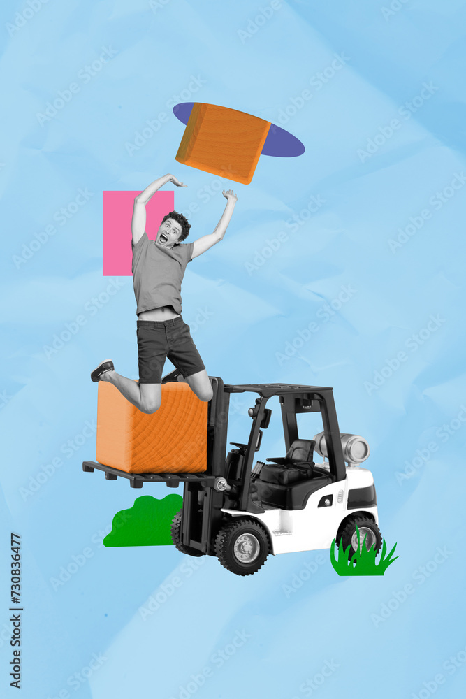 Vertical creative collage image of funny man jump forklift truck ...