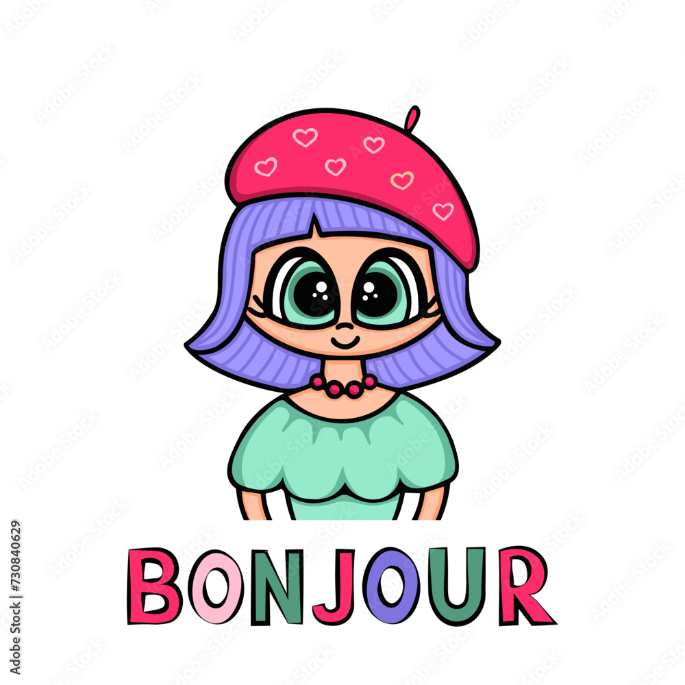 girl with beret and bonjour. Vector Illustration for printing ...