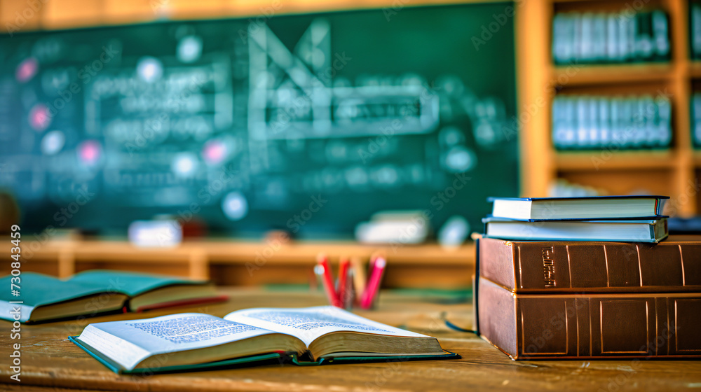 A traditional classroom setup with books on wooden desks, symbolizing ...