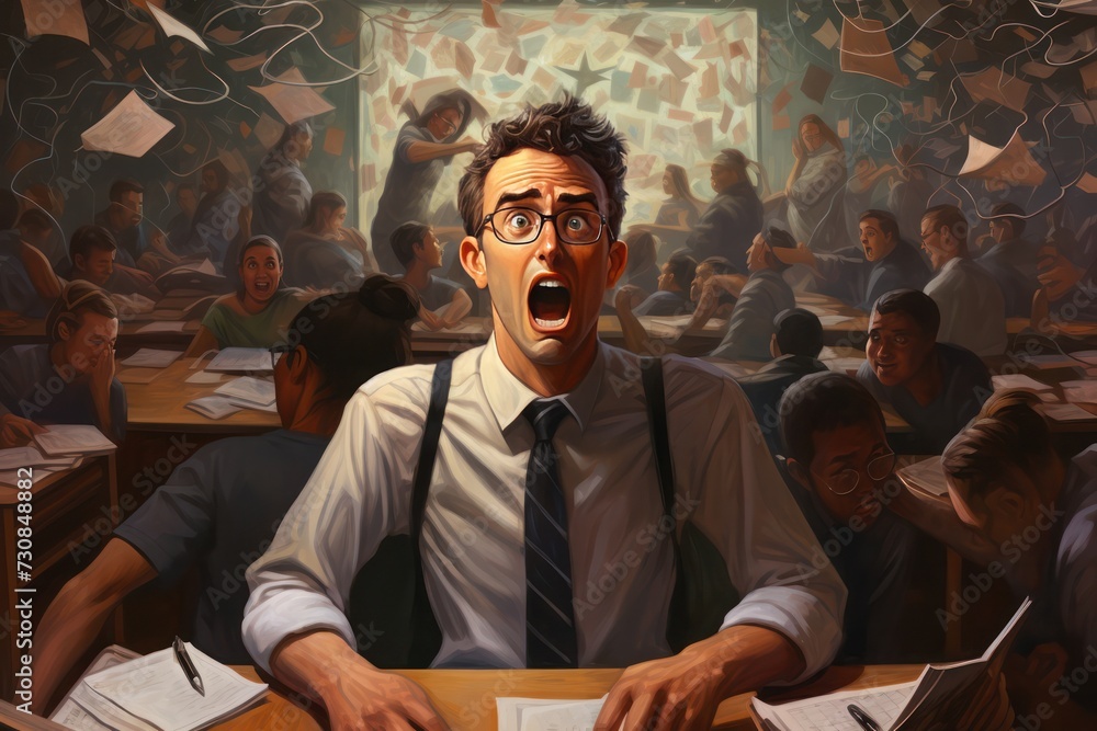 teacher stressed at work teaching class. Crying and shouting. Mental ...