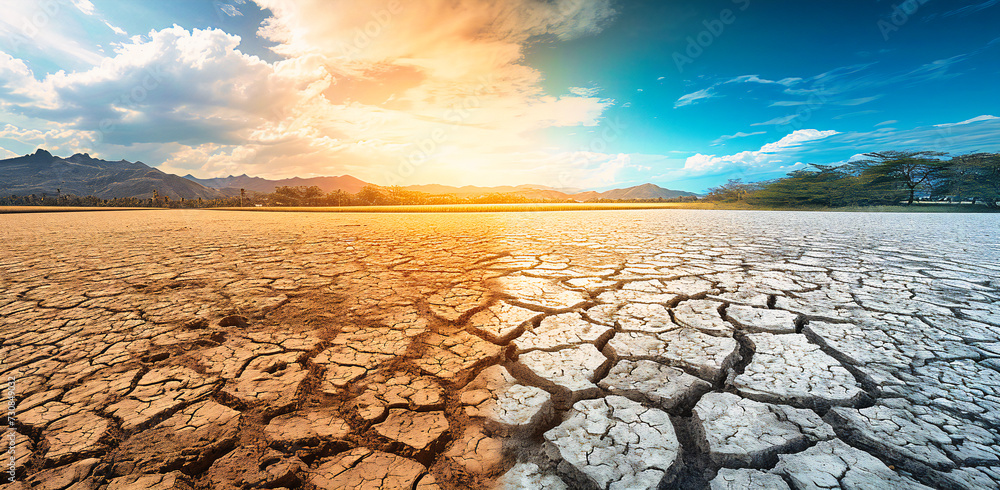 Arid landscape cracked under the scorching sun, illustrating the harsh impact of drought and the ...
